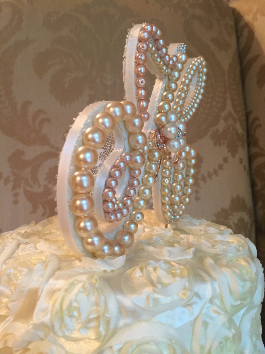 Custom Monogram Pearl Wedding Cake Toppers Lace Pearls And custom-monogram-pearl-wedding-cake-toppers-lace-pearls-and