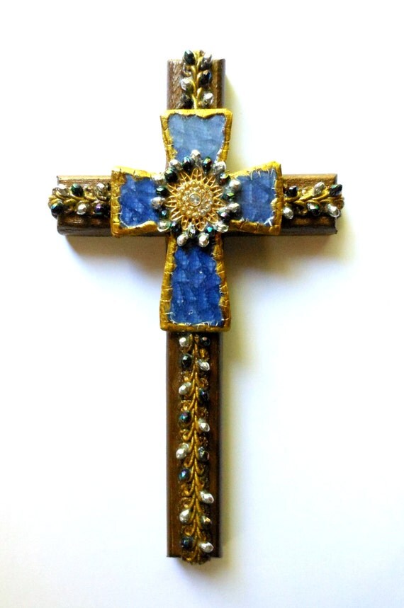 CROSS ooak found object religious art mixed medium decoupage