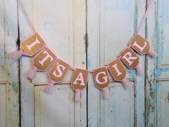 It's A Girl Banner Embossed Pink and Gold Banner with
