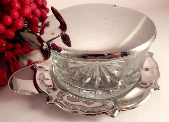 Silver Metal Covered Jam Dish Ornate Glass Sauce Serving Bowl
