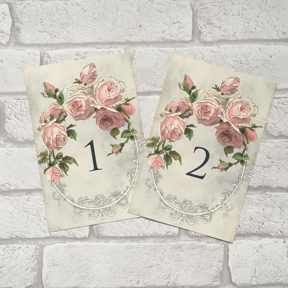 Vintage Style Wedding Table Numbers Names Cards Pink Flower