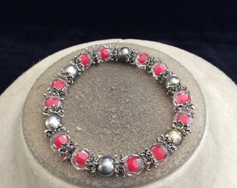 Items similar to Silver & Red Glass Beaded Bracelet on Etsy