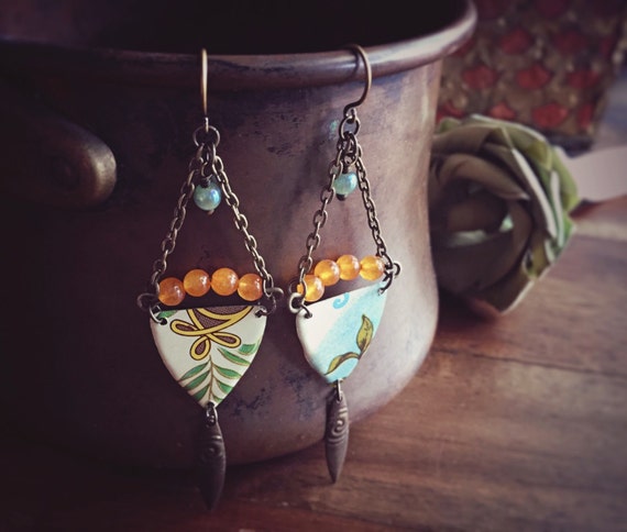 Long Colorful Gypsy Vintage Tin Earrings with Orange and Blue Long Colorful Gypsy Vintage Tin Earrings with Orange and Blue