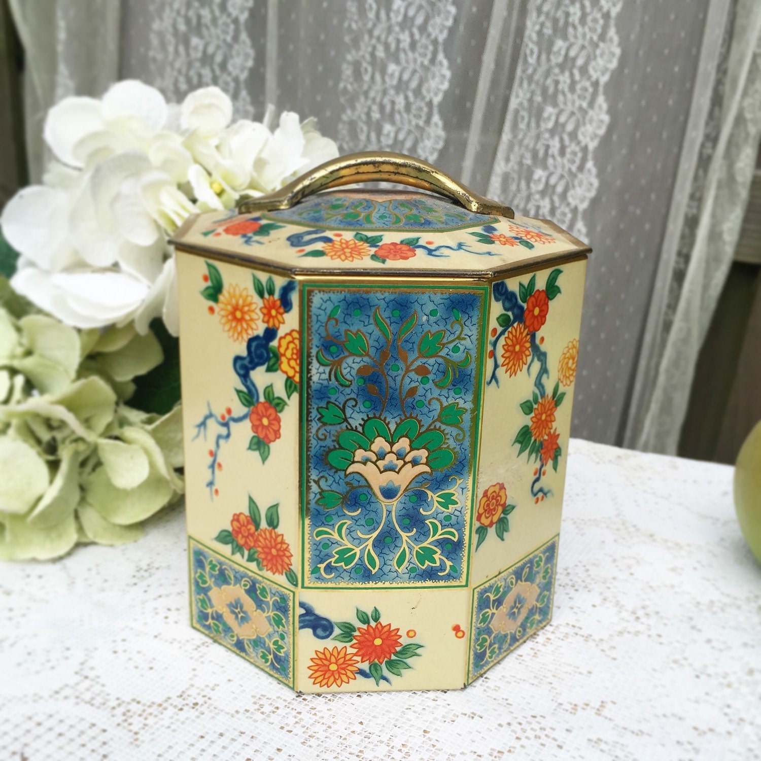 Vintage Decorative Floral Tin Box Canister, Blue Asian Oriental, Bird ...