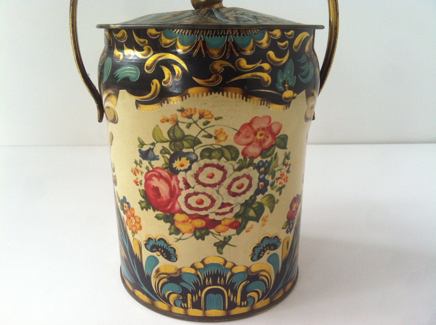 Vintage floral tin with handle, European style, round tin, flowers ...