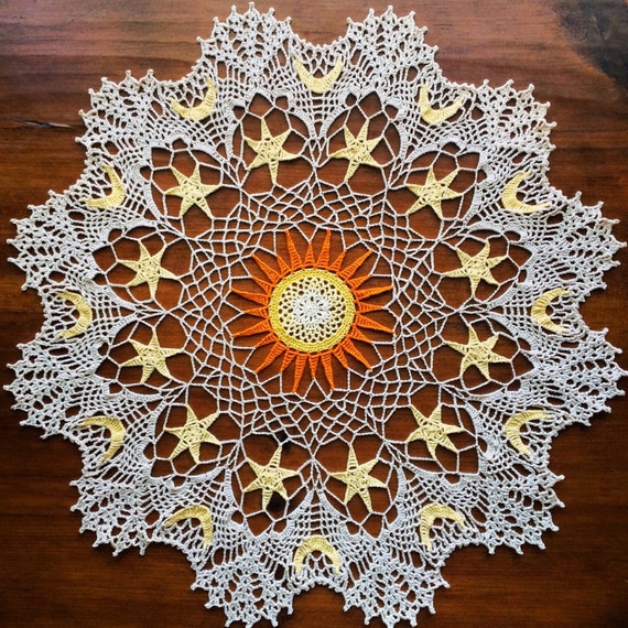 Sun moon and stars doily handmade crochet doilie ecru pale