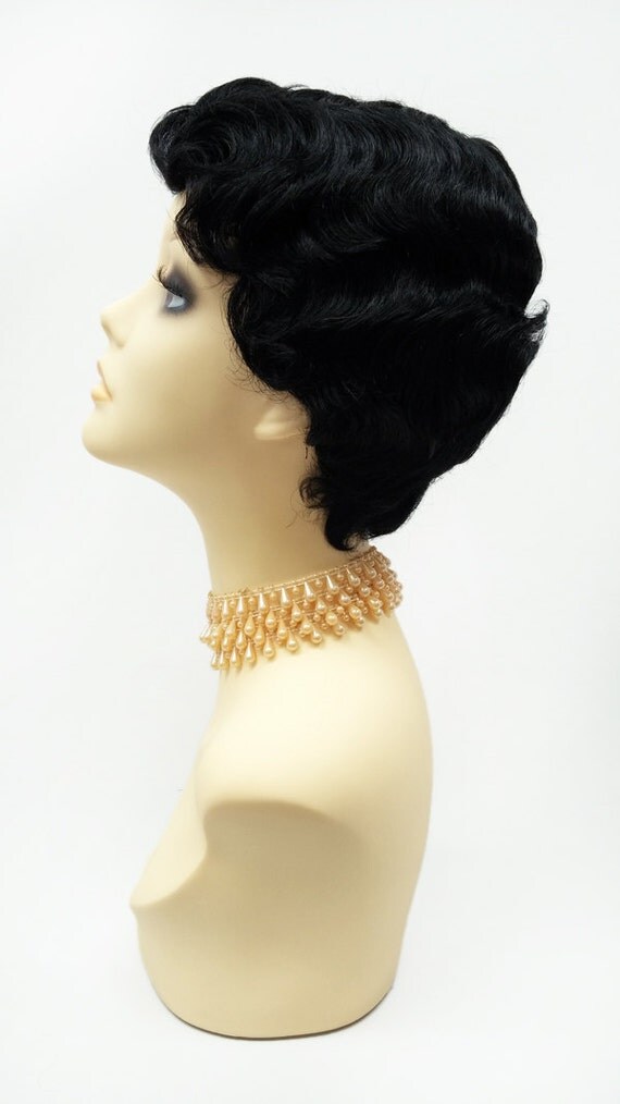 1920s Style Short Black Finger Wave Wig. Marcel Wave Vintage