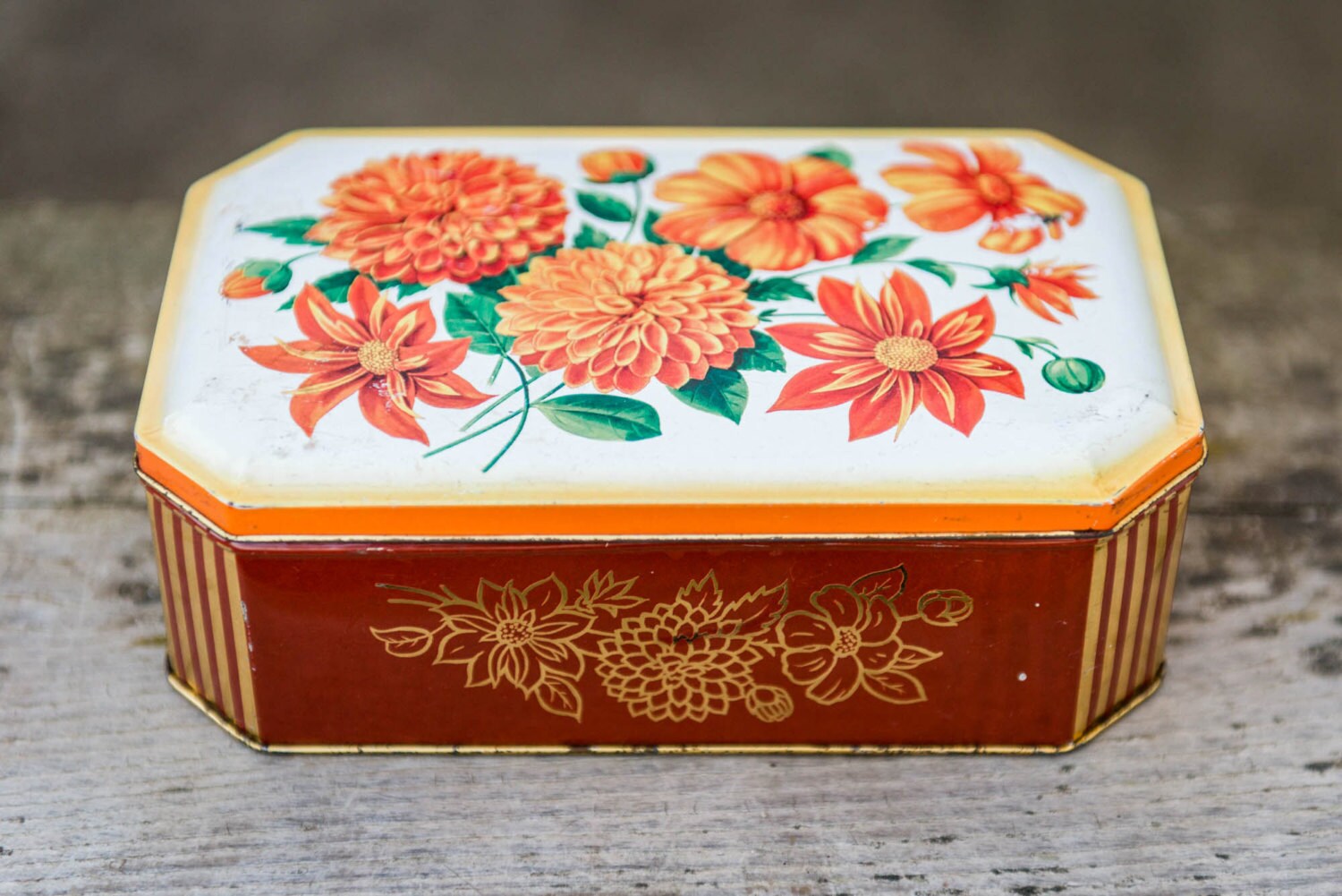Vintage Orange Flowers Tin Box – Orange Geraniums Biscuit or Cookie Tin ...