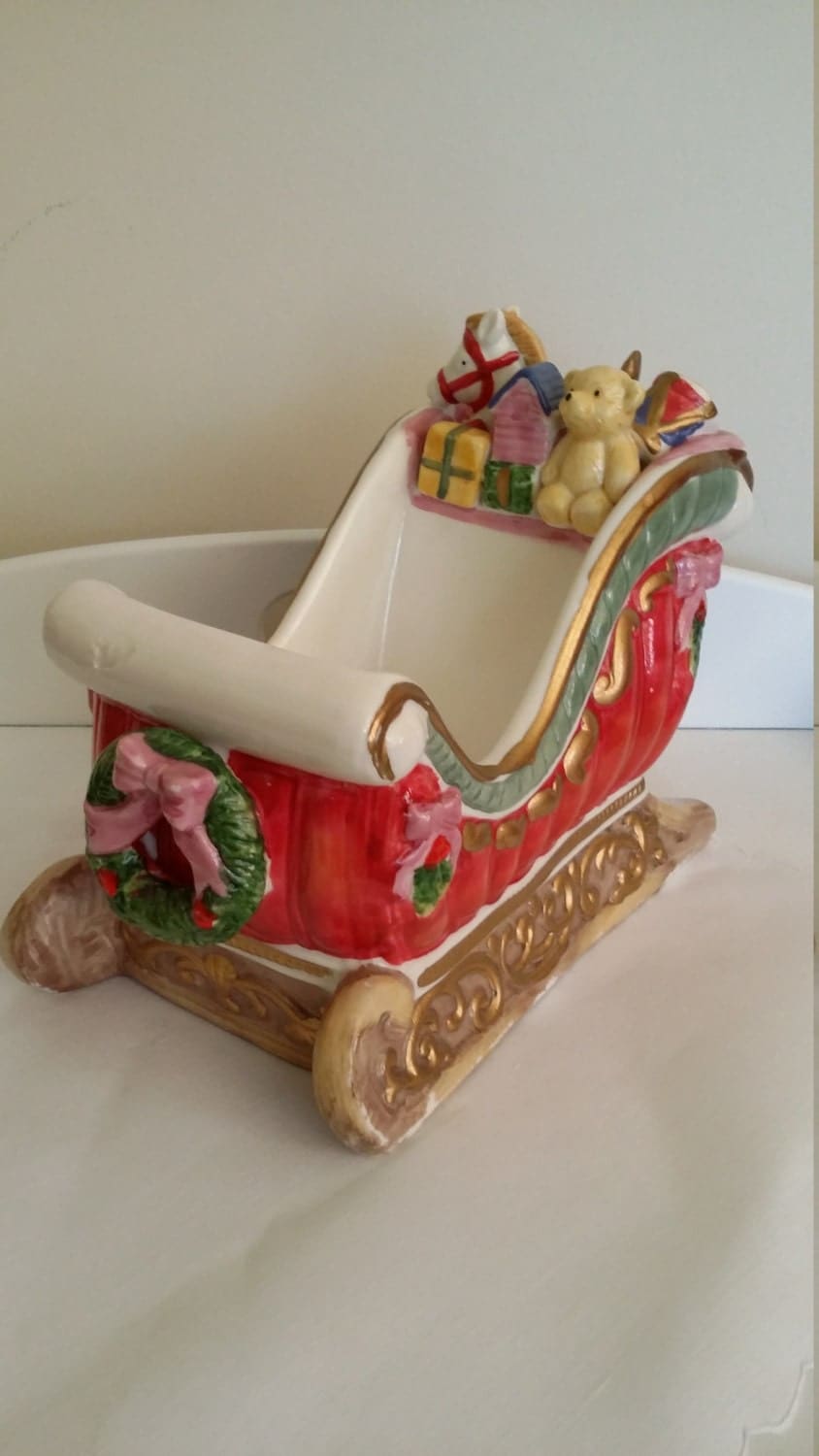 Ceramic sleigh hand painted Holiday sleigh Christmas sleigh