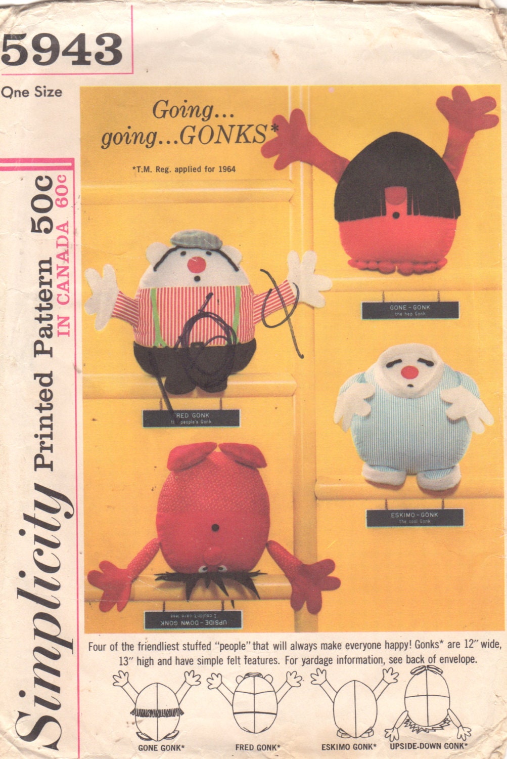 Simplicity 5943 1960s Set of GONKS Pattern Dolls Fred Gone