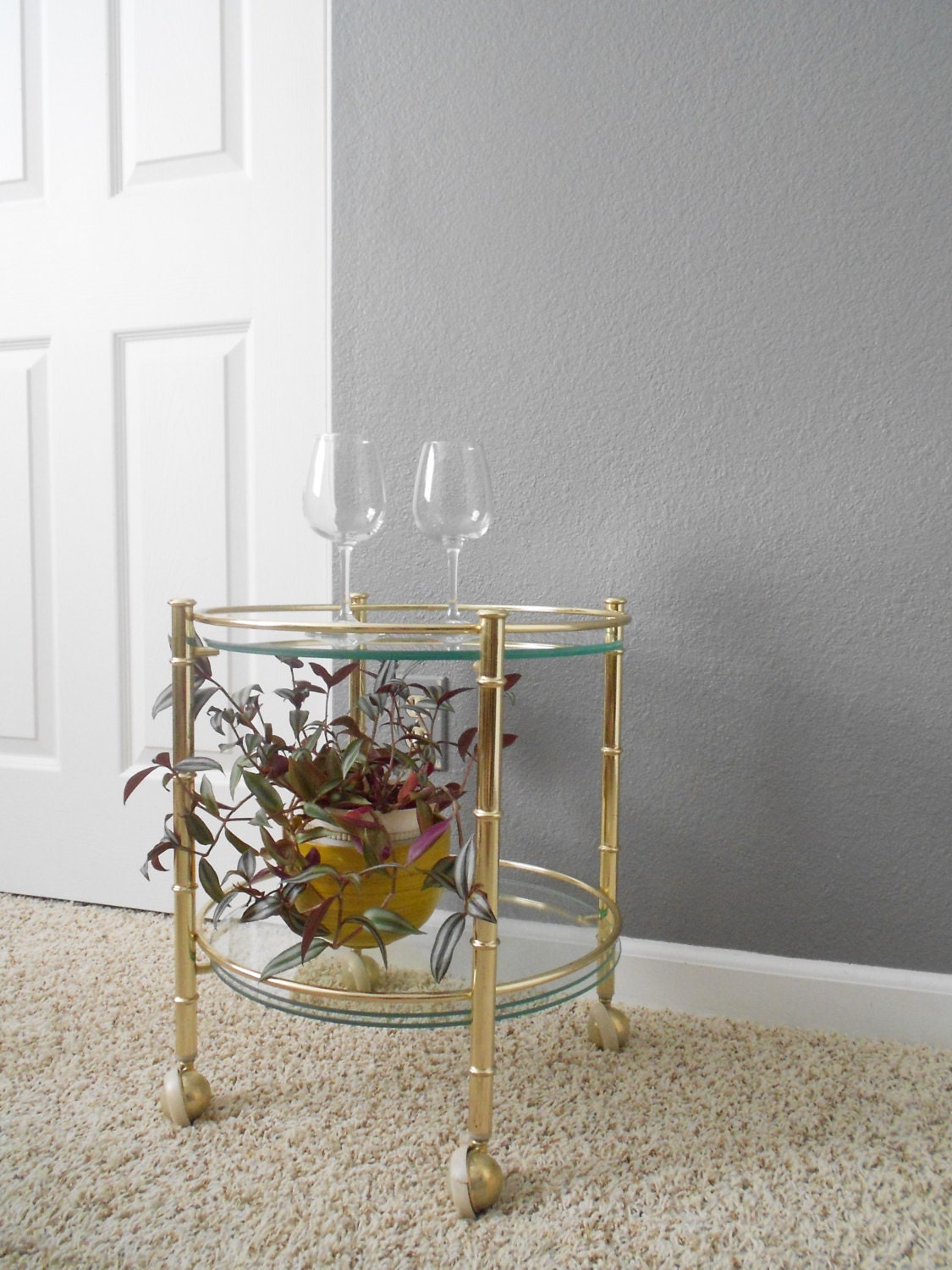 vintage hollywood regency glass gold metal rolling table cart / mini ...
