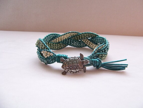 Sea Turtle Beaded Braided Leather Wrap Cuff Bracelet Beaded