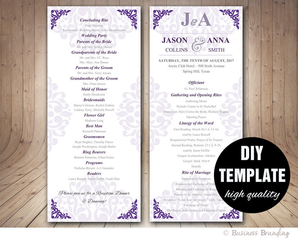Purple Wedding Program TemplateInstant Download by paperfull