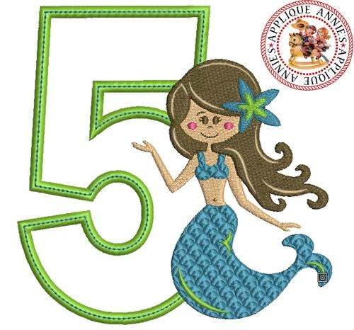 Mermaid Birthday Number 5 Embroidery Machine by appliqueannies