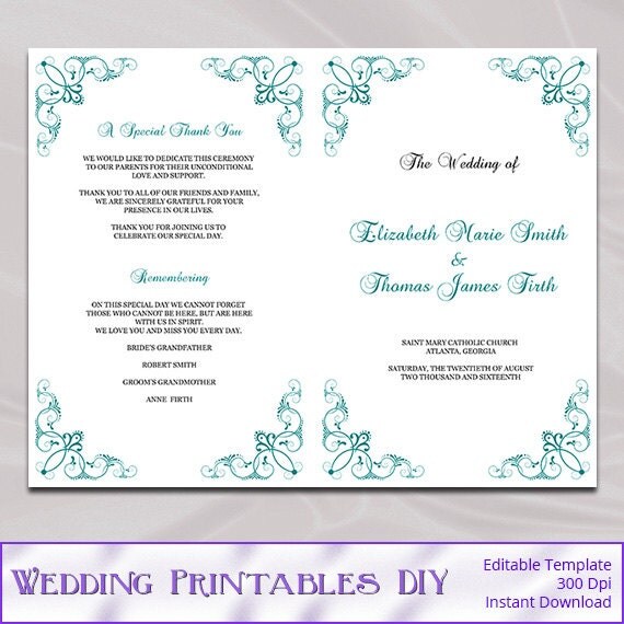 Wedding Program Booklet Template Diy Elegant Teal Ceremony
