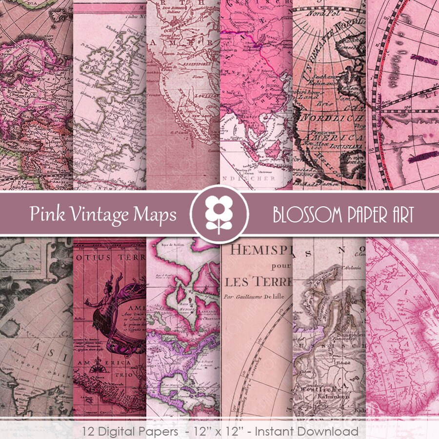 Maps Digital Paper Pink Old Maps Antique Maps Digital Paper