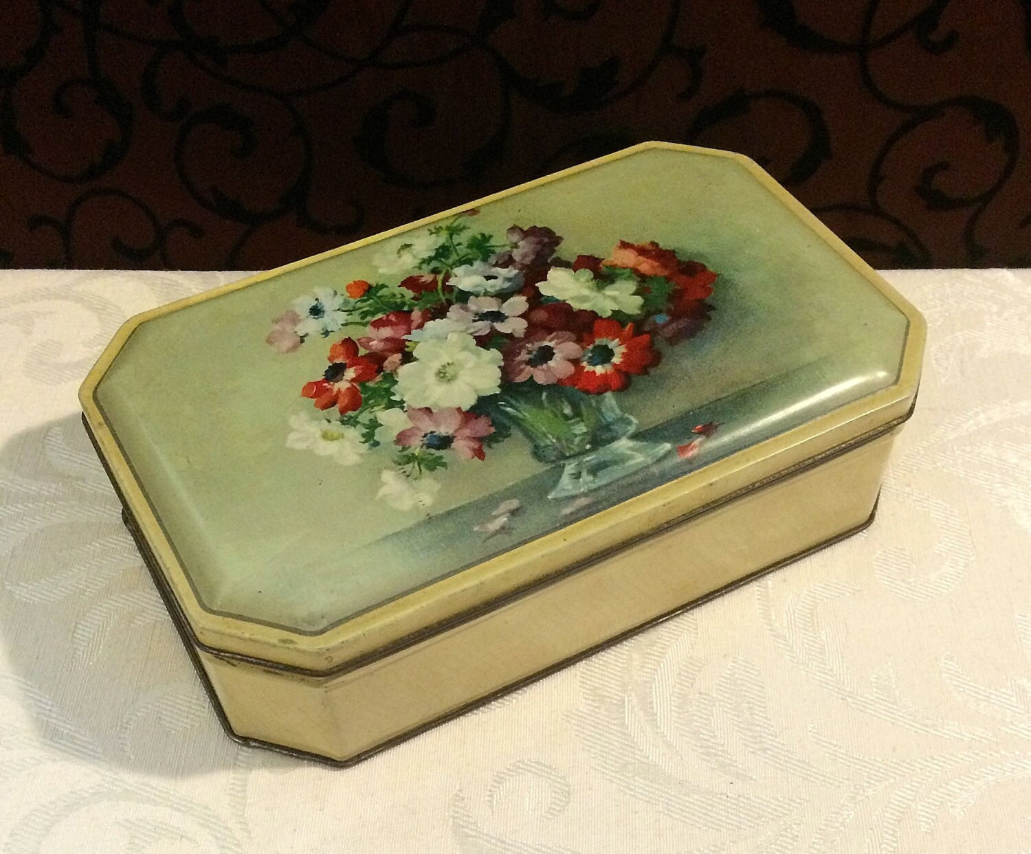 Lovely Vintage Tin Box, Flowers in Vase, Floral, Trinket Box, Cottage ...