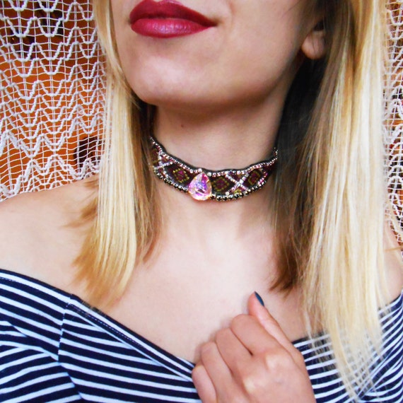 90s Style Necklace 90s Choker Necklace Purple Choker Necklace