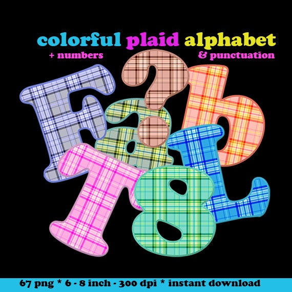 Colorful plaid digital alphabet clipart gingham font with