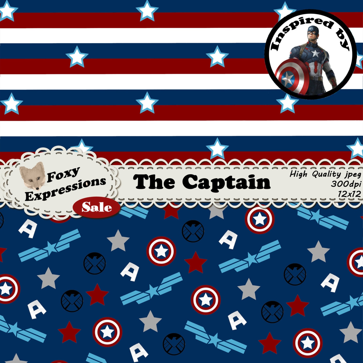 The Captain digital paper inspired by Captain America. Comes