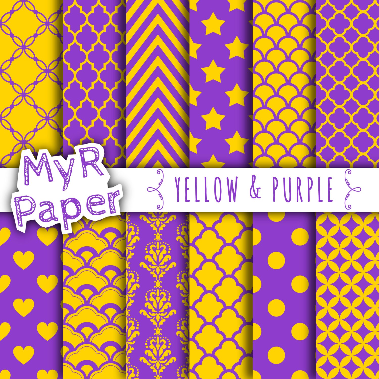 Digital Paper: Yellow & Purple Patterns Pack and by MyRpaper