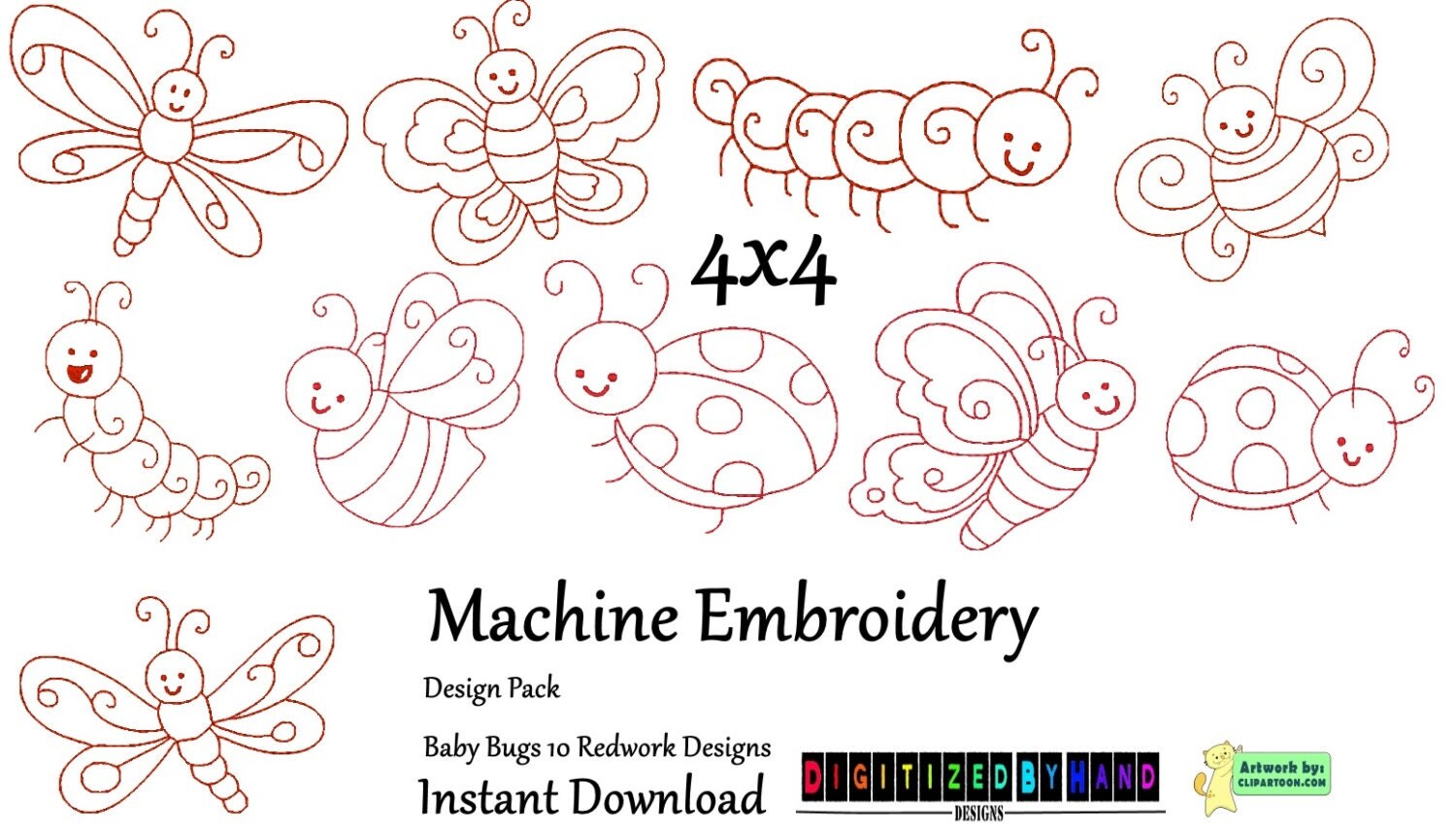 Baby Bug Set 10 Redwork Machine Embroidery Design Pack/set