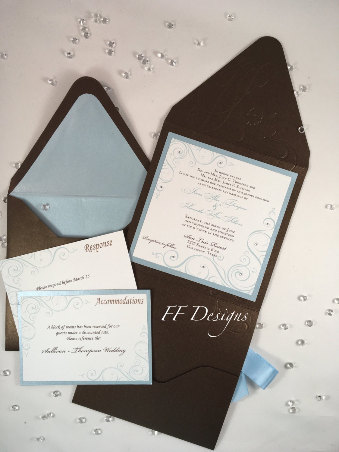 Swirl Embossed pocket fold invitation aqua and brown
