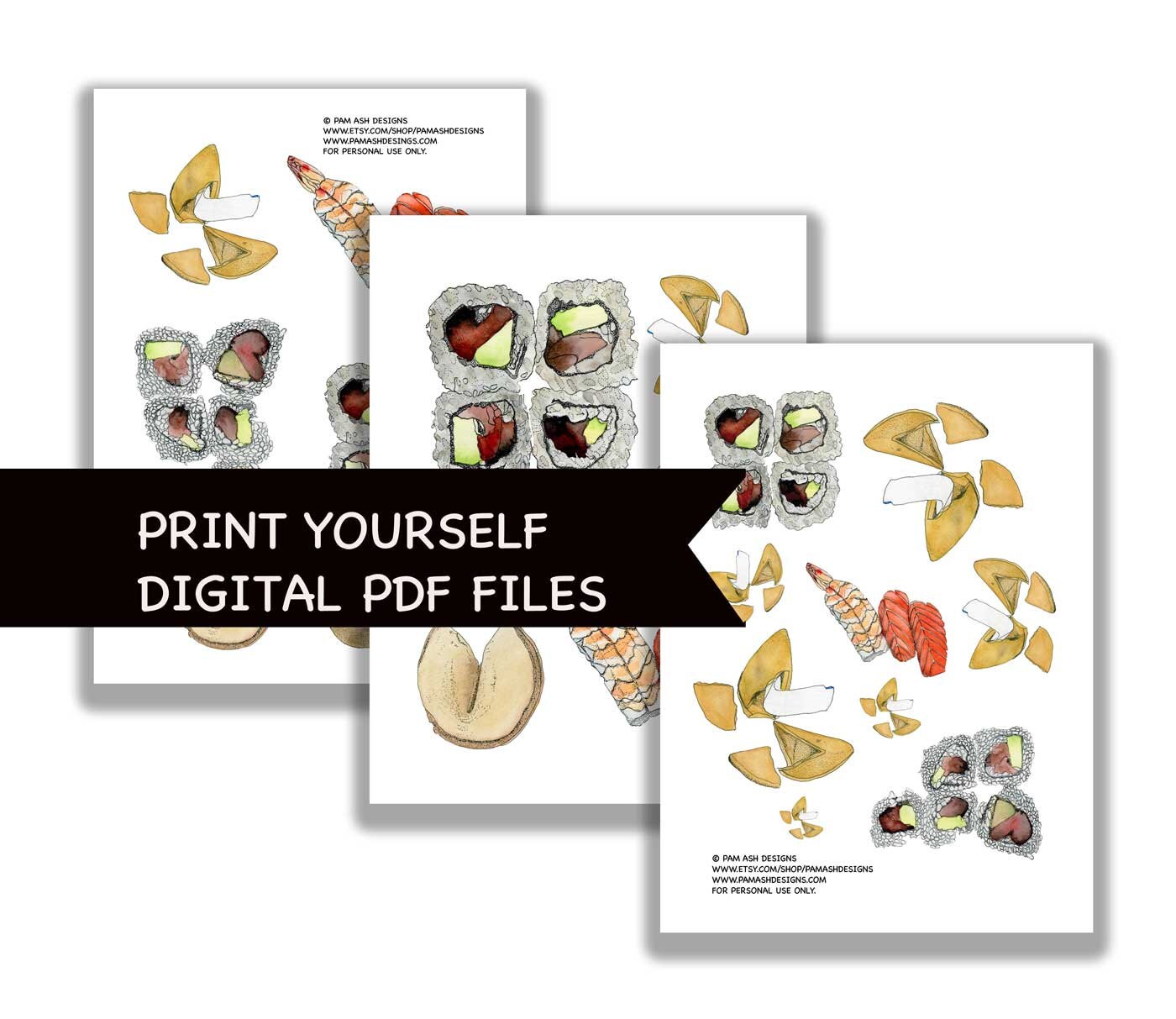 Sushi Printable Card Kit Sushi Watercolor by PamAshDesigns