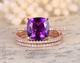 Amethyst Wedding Ring Set Emerald Cut 6x8mm by kilarjewelry