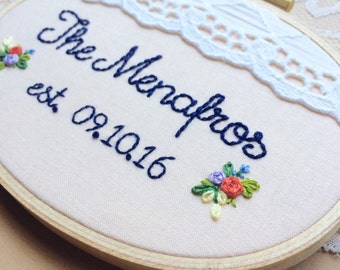 Family Name Embroidery Hoop Custom Sign Flowers Anniversary
