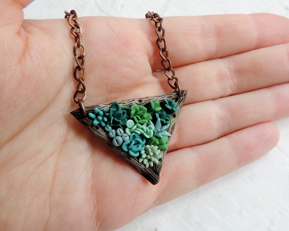 Polymer clay jewelry succulent pendant original floral