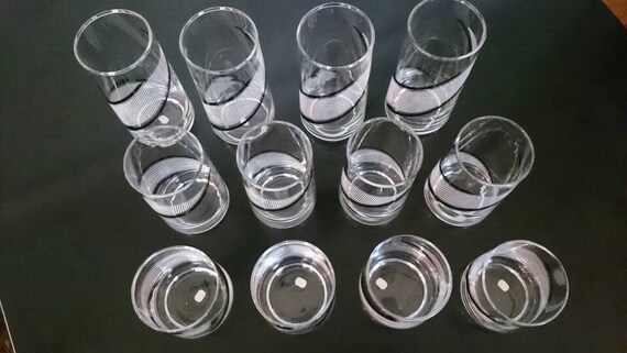 1980's Black and White Drinking Glasses/ Barware/ 12