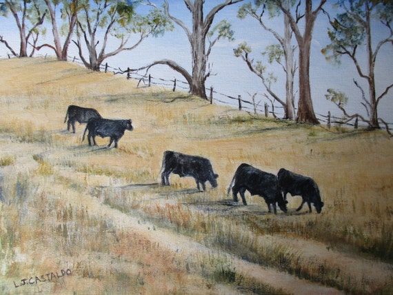 Items similar to Angus cattle painting, Australian farm painting ...