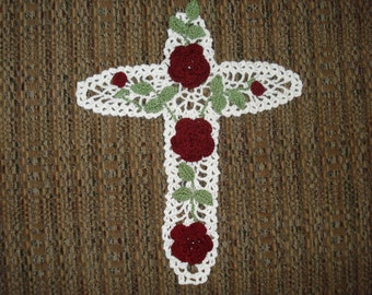 Items similar to Crocheted Cross with teal ribbon on Etsy