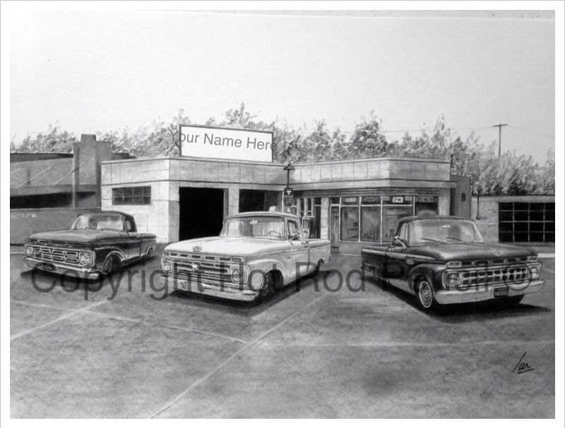 64-65-66 Ford F100 Pickup Truck Customized Pencil Drawing