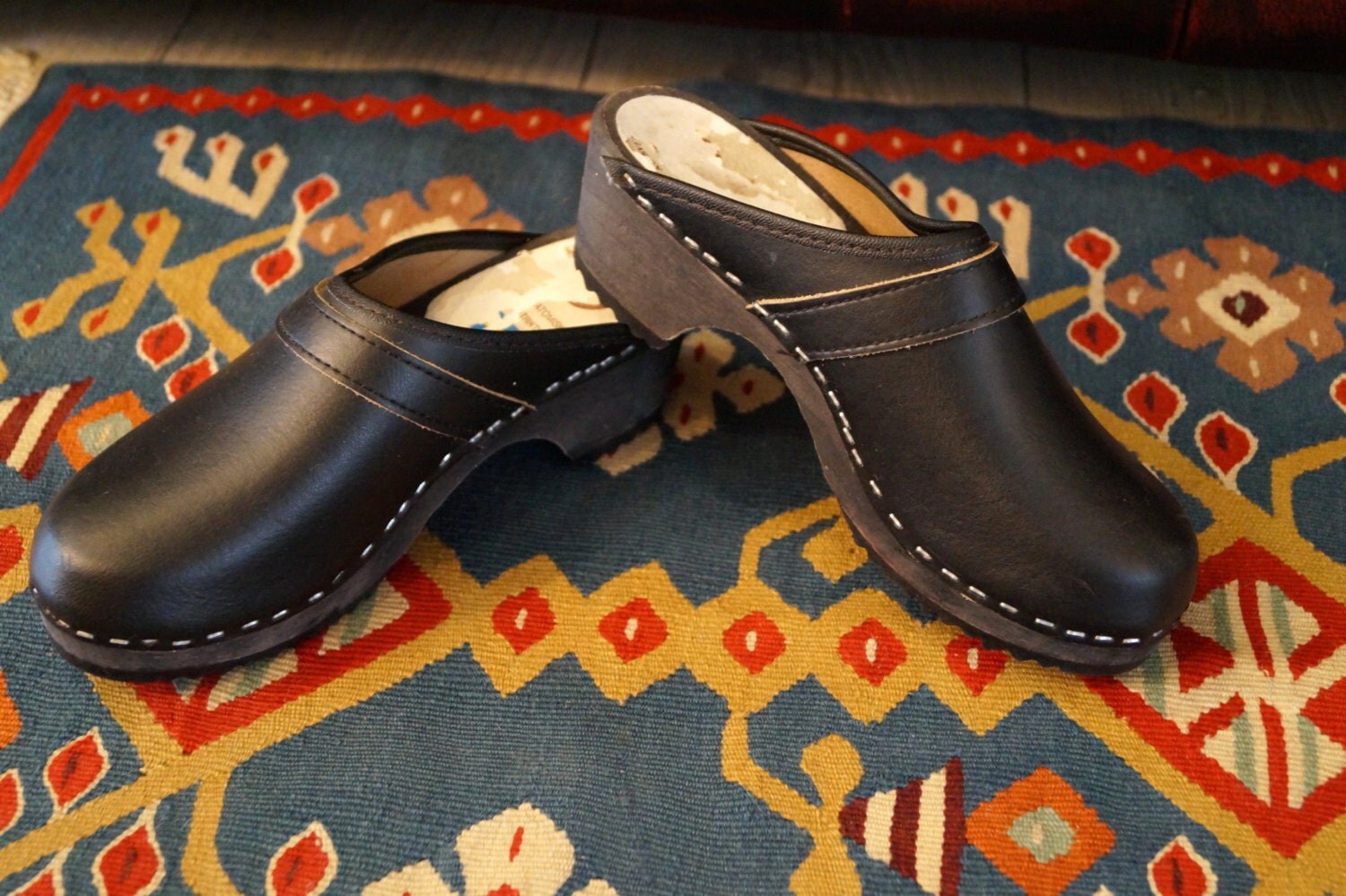 Vintage Black Leather Wooden Clogs Size EUR 36 Genuine Leather