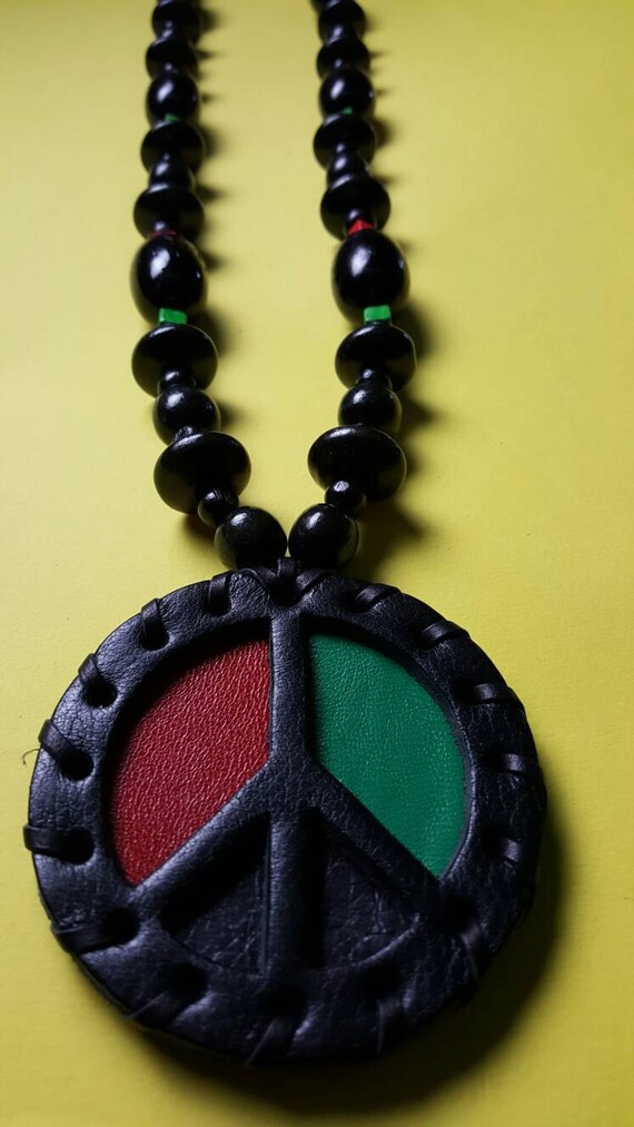 Black Leather Pan African Peace Medallion Necklace w/ wooden