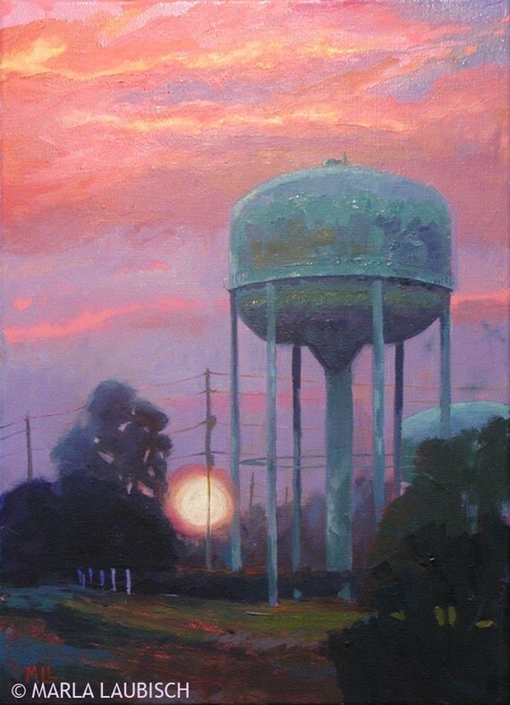 Water Tower Sunset oil painting