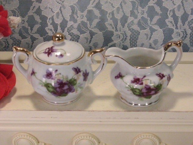 Vintage Lefton China Purple Violet Flower Miniature Cream and Sugar Set ...