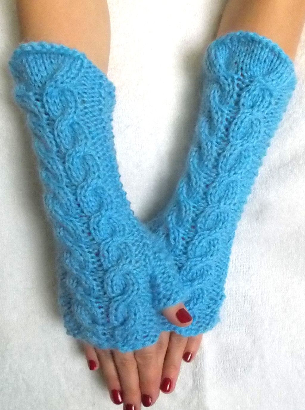 Light Blue Fingerless Gloves Arm Warmers Chunky by LaimaShop