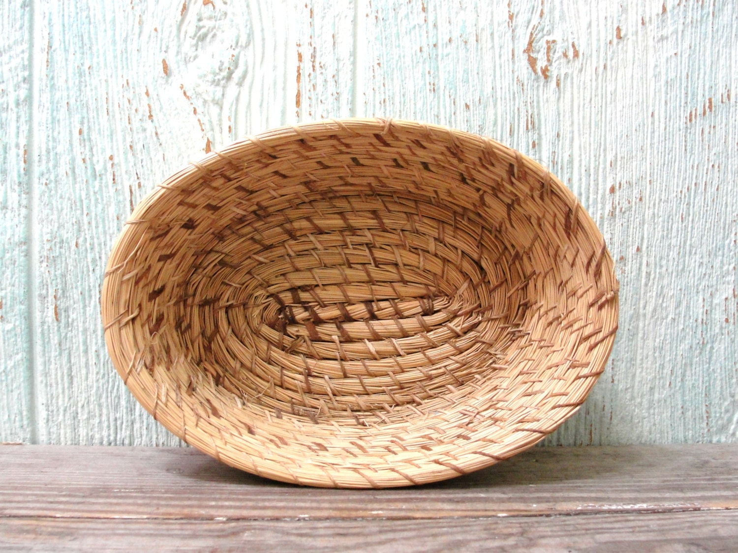 Vintage Hand Woven Grass Basket, Straw Coil Basket, Soft Oval Basket ...