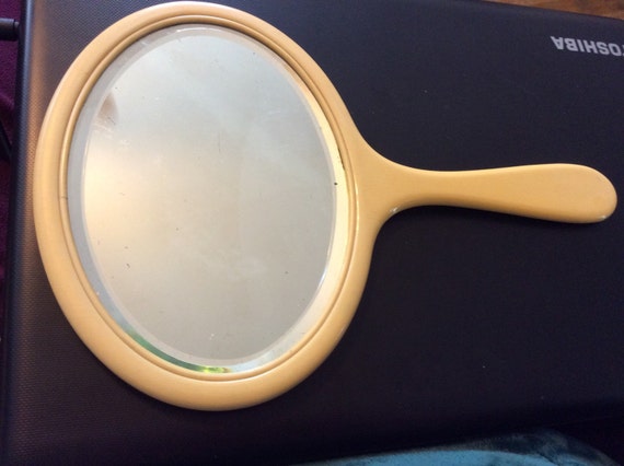 Vintage Celluloid Long Handled Mirror very heavy mirror oval