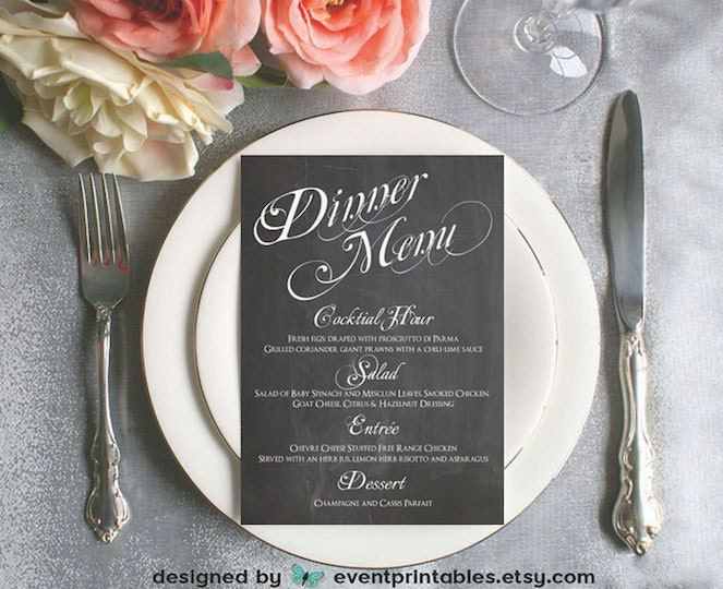 Printable Chalkboard Dinner Menu Card Wedding Reception Menu