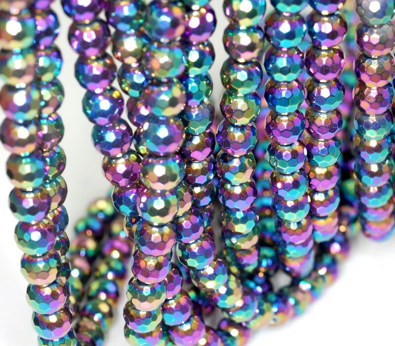 8mm Titanium Rainbow Hematite Gemstone Rainbow Faceted Round