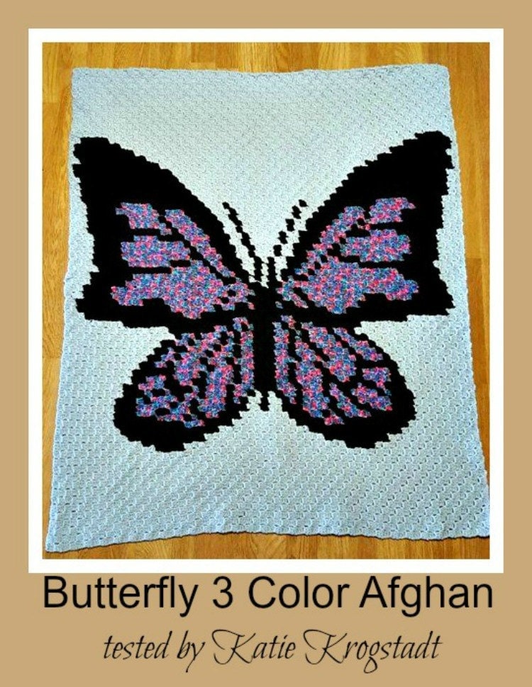 C2C Graph, Butterfly 3 Color Afghan C2C Graph with Written Word Chart