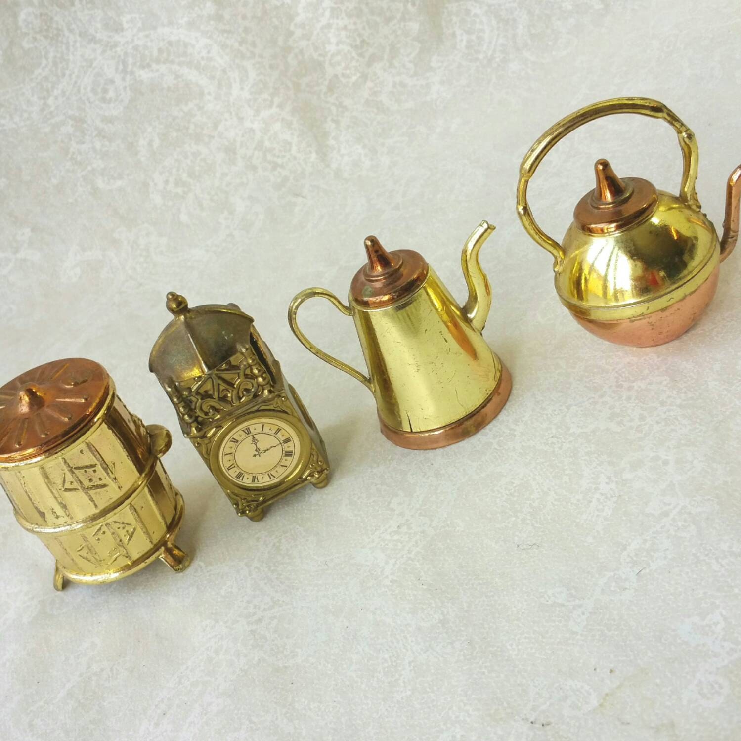 Set of 4 Vintage Brass Miniatures/ Doll House Furniture, Tiny Kettles ...