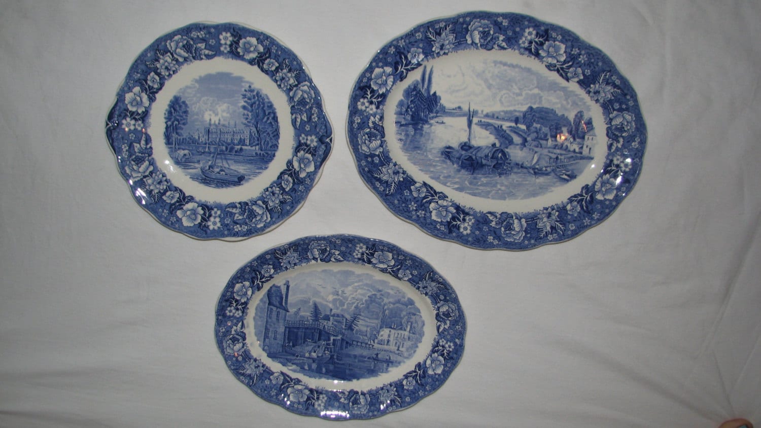 3 blue transferware PALISSY POTTERY Platters vintage Made in England ...