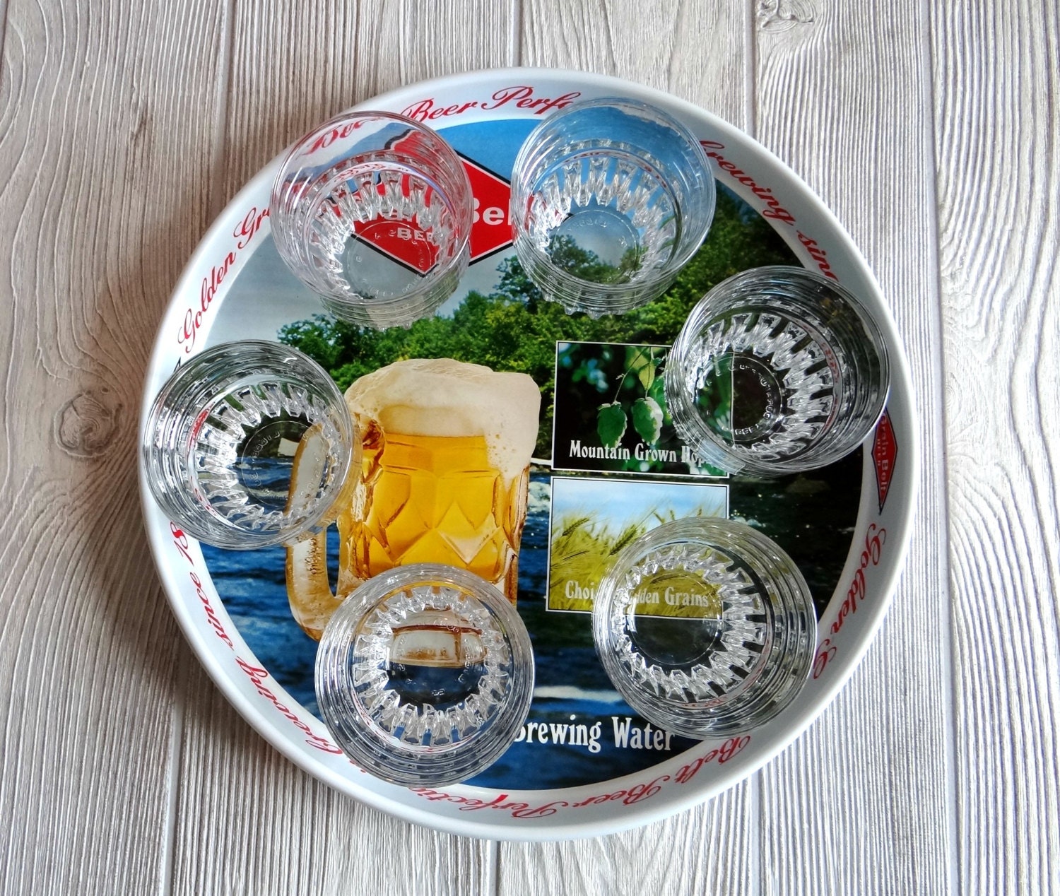 Vintage Grain Belt Beer Serving Tray With Six Libbey Rock