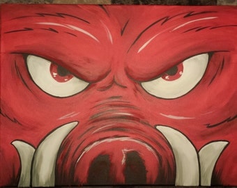 Items similar to Wood-burned Razorback "Vintage Tusk" on stained pine ...