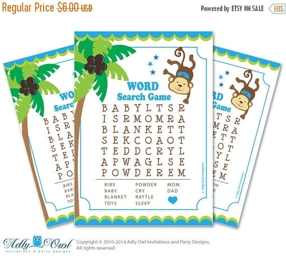 Boy Monkey Word Search Game Word Search game by adlyowlpartyprints